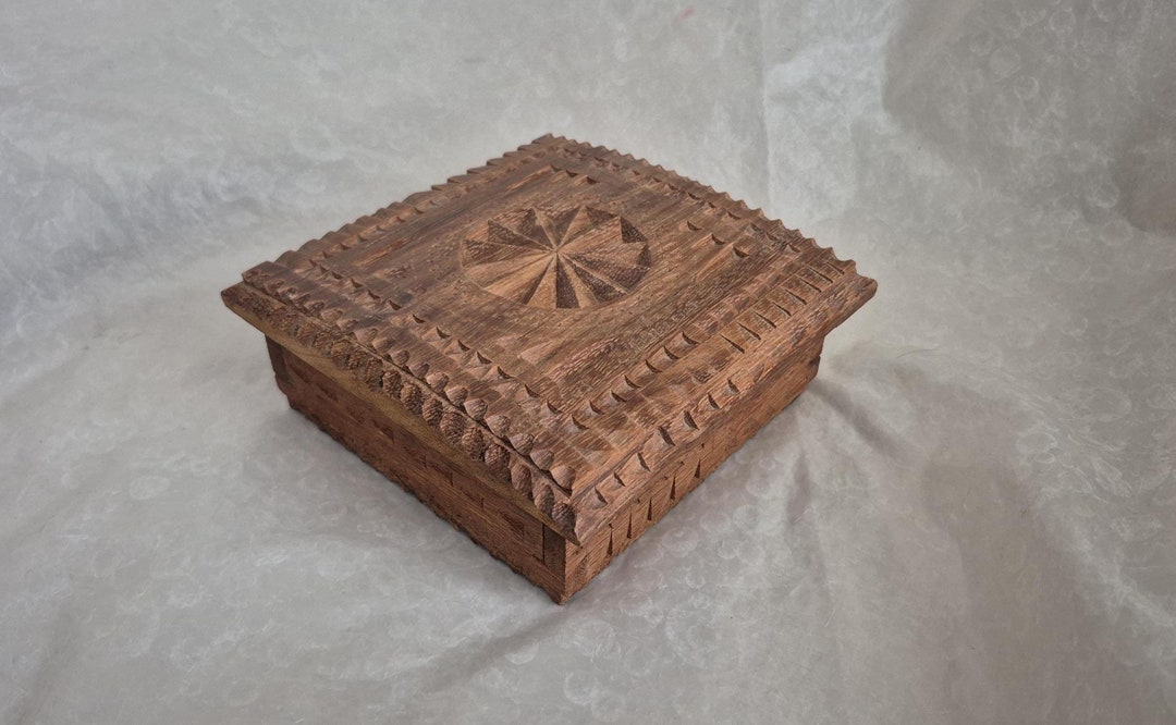 Wooden Square Trinket Box With Hand Carved Decorative Pattern and ...