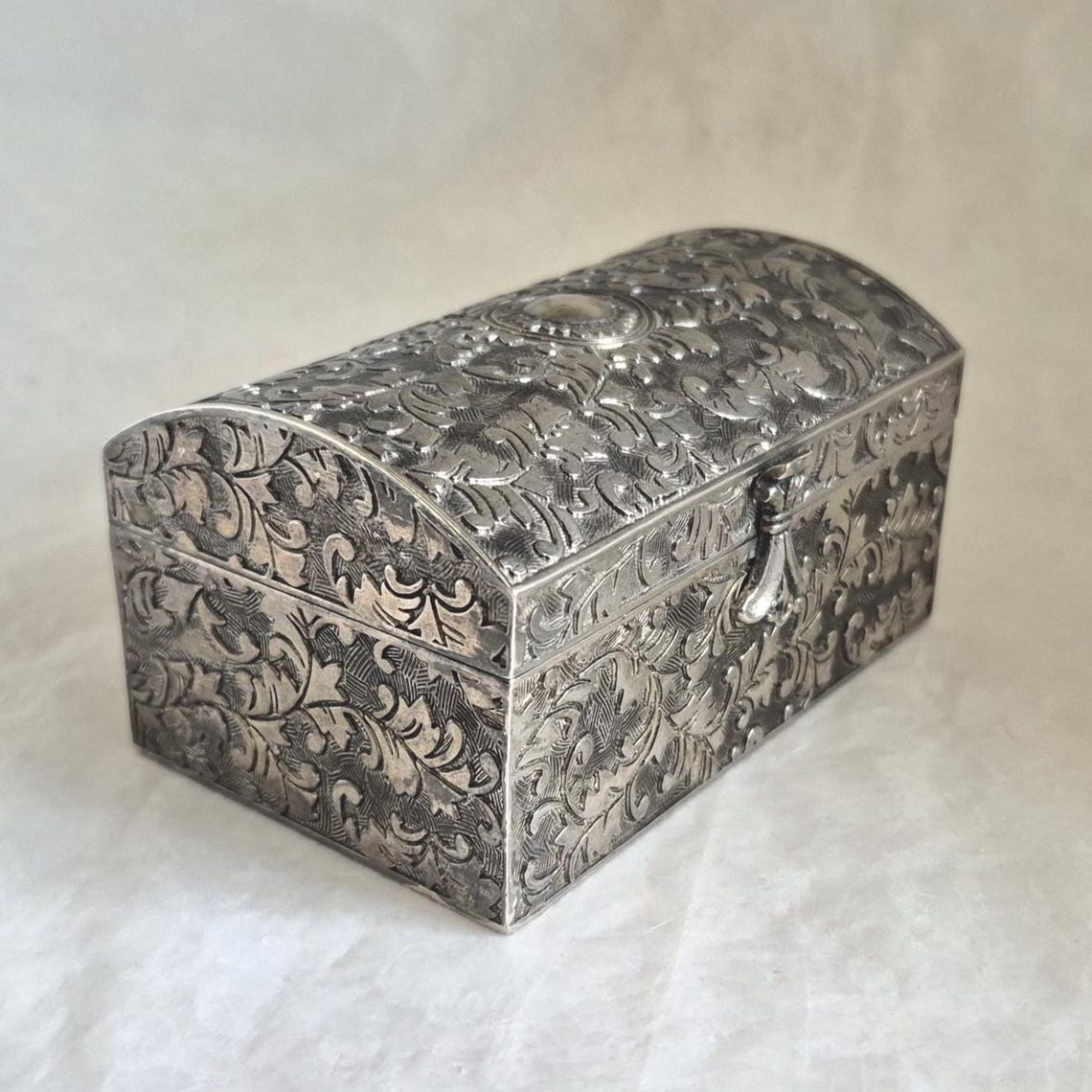 Rectangular Metal Trinket Box With Curved Lid, Embossed With Ornate ...