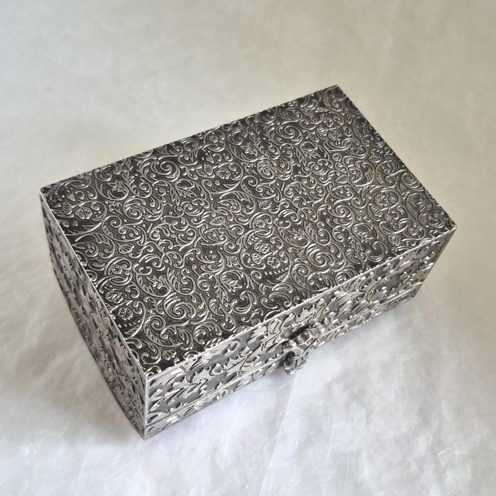 Rectangular Metal Trinket Box With Curved Lid, Embossed With Ornate ...