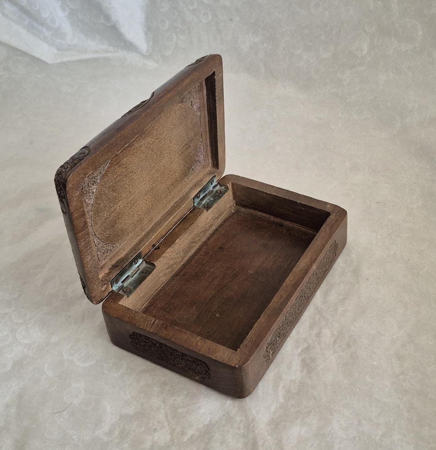 Wooden Rectangular Trinket Box With Intricate Hand Carved Decorative ...