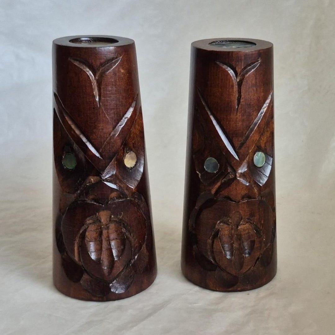 Vintage Hand Carved Wooden Maori Tiki Cruet Set Adorned With Paua Shell ...