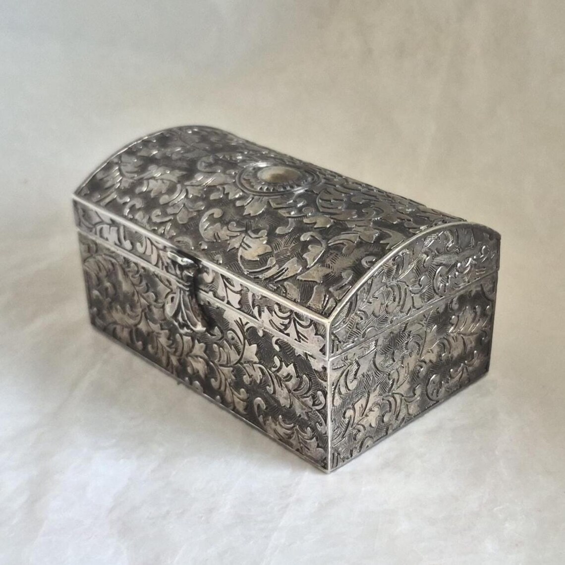 Rectangular Metal Trinket Box With Curved Lid, Embossed With Ornate ...