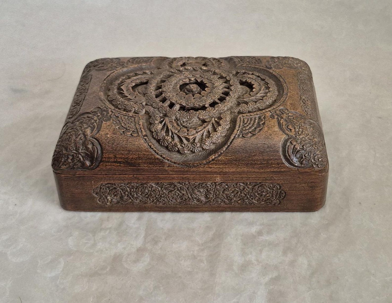 Wooden Rectangular Trinket Box With Intricate Hand Carved Decorative ...