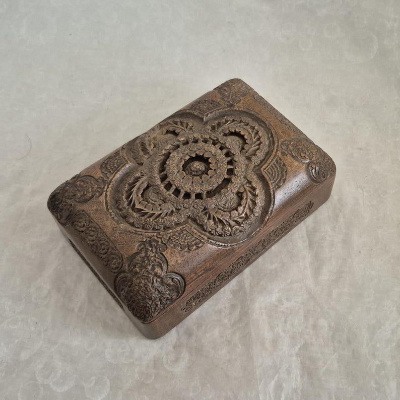 Wooden Rectangular Trinket Box With Intricate Hand Carved Decorative ...