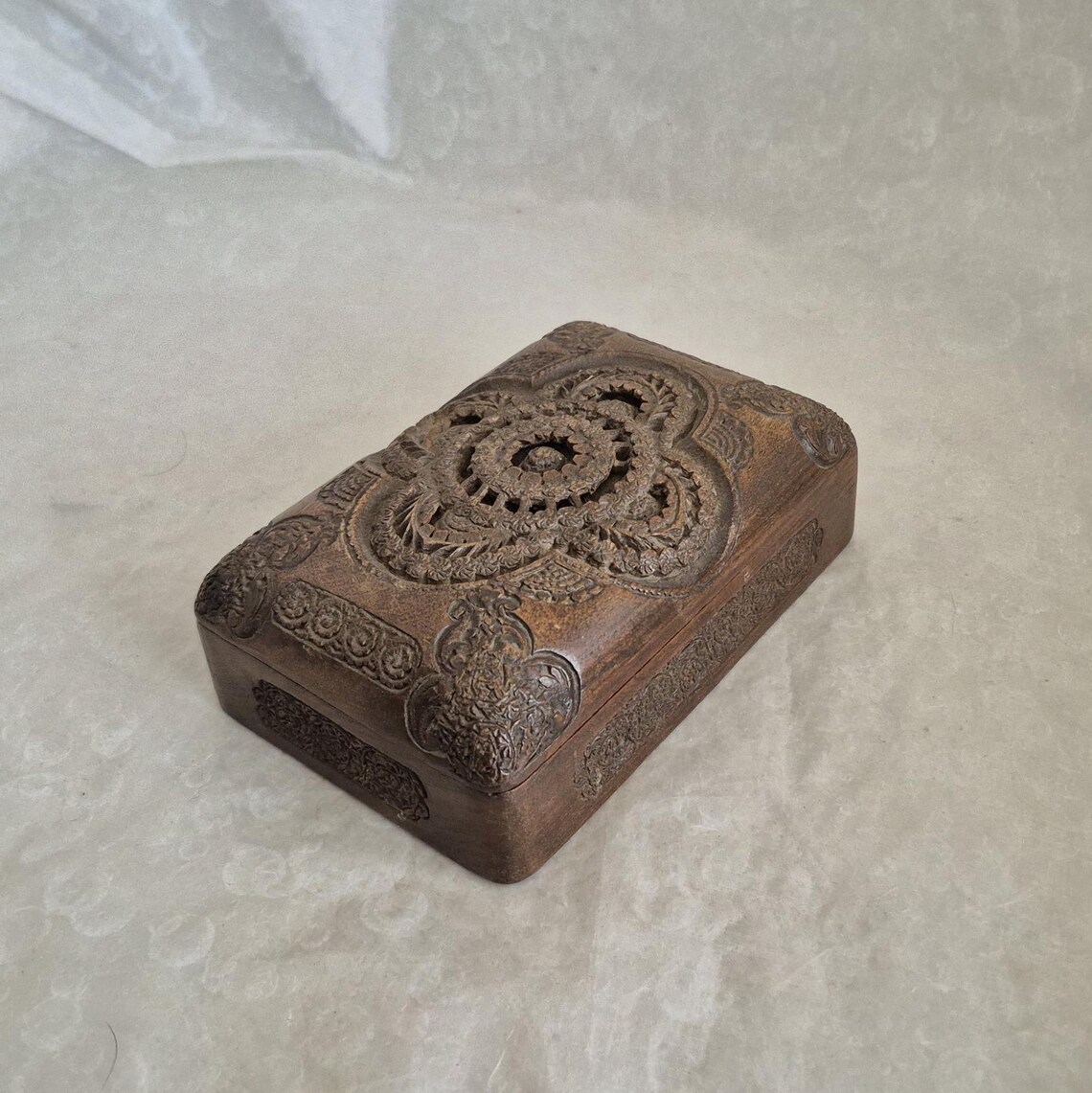 Wooden Rectangular Trinket Box With Intricate Hand Carved Decorative ...