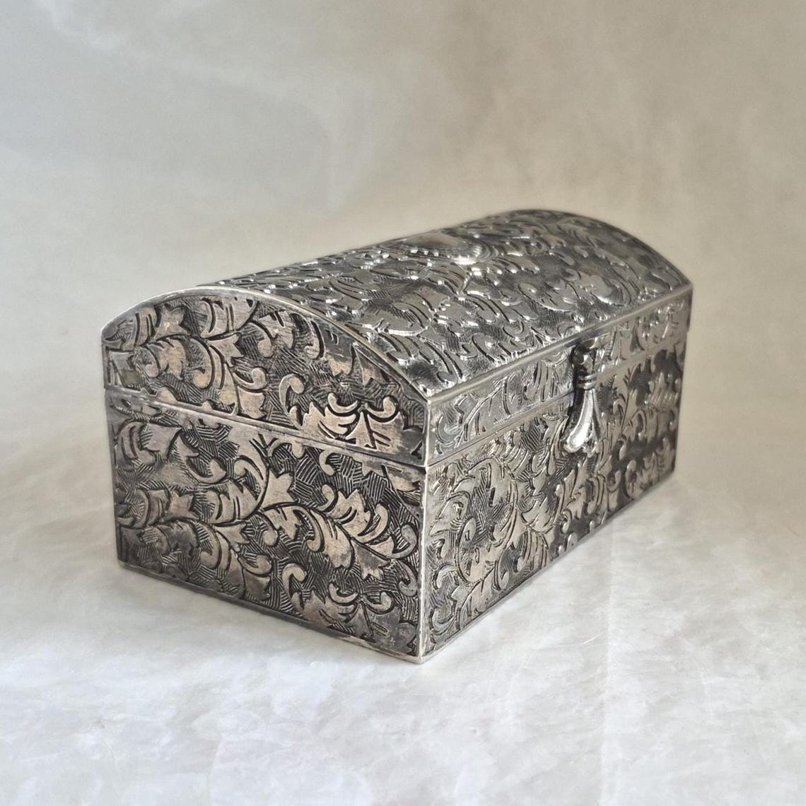 Rectangular Metal Trinket Box With Curved Lid, Embossed With Ornate ...