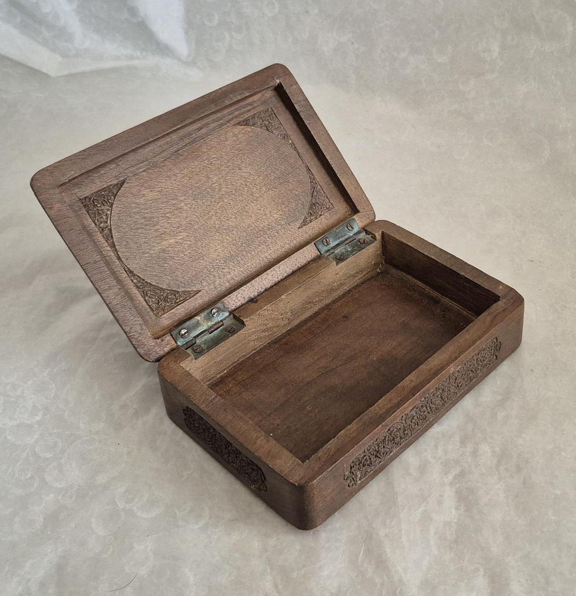 Wooden Rectangular Trinket Box With Intricate Hand Carved Decorative ...