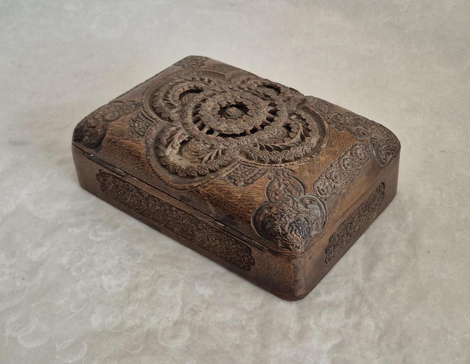 Wooden Rectangular Trinket Box With Intricate Hand Carved Decorative ...