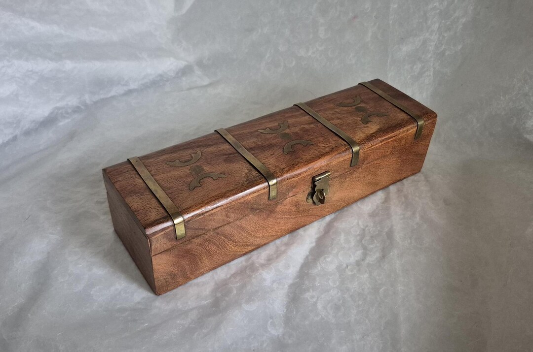 Wooden Rectangular Trinket Box With Decorative Brass Inlay and Bands to ...