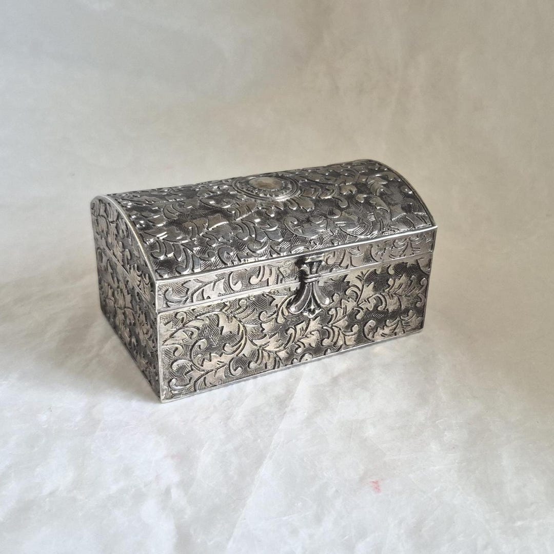 Rectangular Metal Trinket Box With Curved Lid, Embossed With Ornate ...