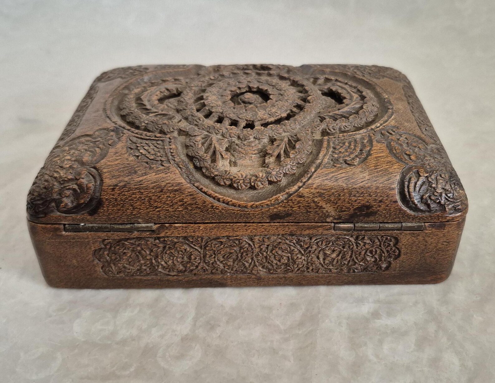 Wooden Rectangular Trinket Box With Intricate Hand Carved Decorative ...