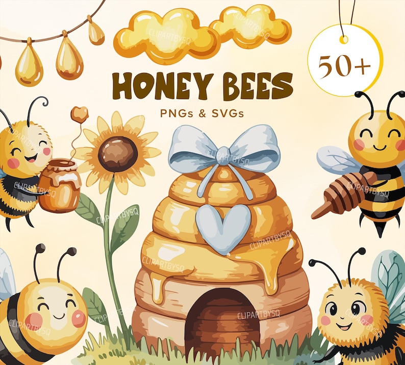 Cute Honey Bee Clipart Bundle, Watercolor Bees Clip Art, 1st Bee ...