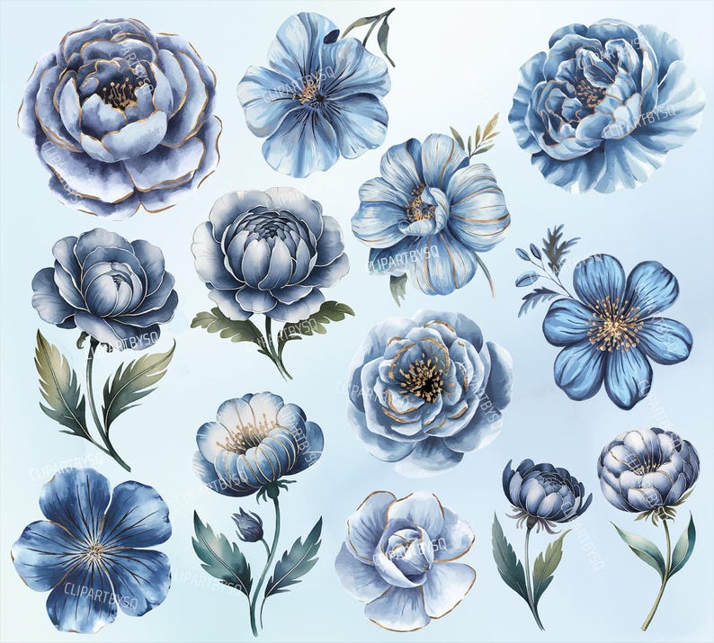 Blue Wedding Flowers Bundle - 50 Clip Arts, Wedding Floral Elements ...
