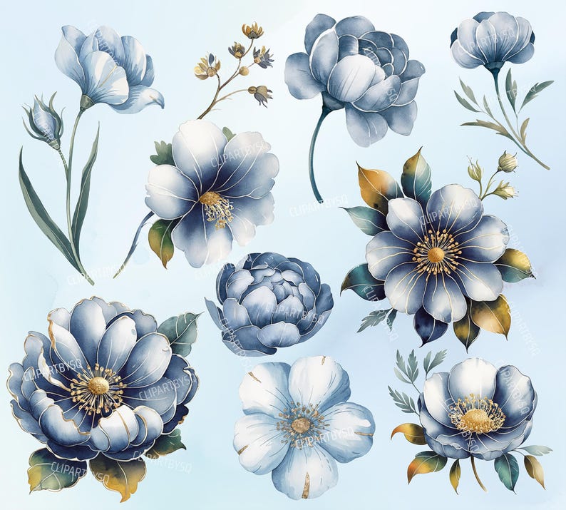 Blue Wedding Flowers Bundle - 50 Clip Arts, Wedding Floral Elements ...