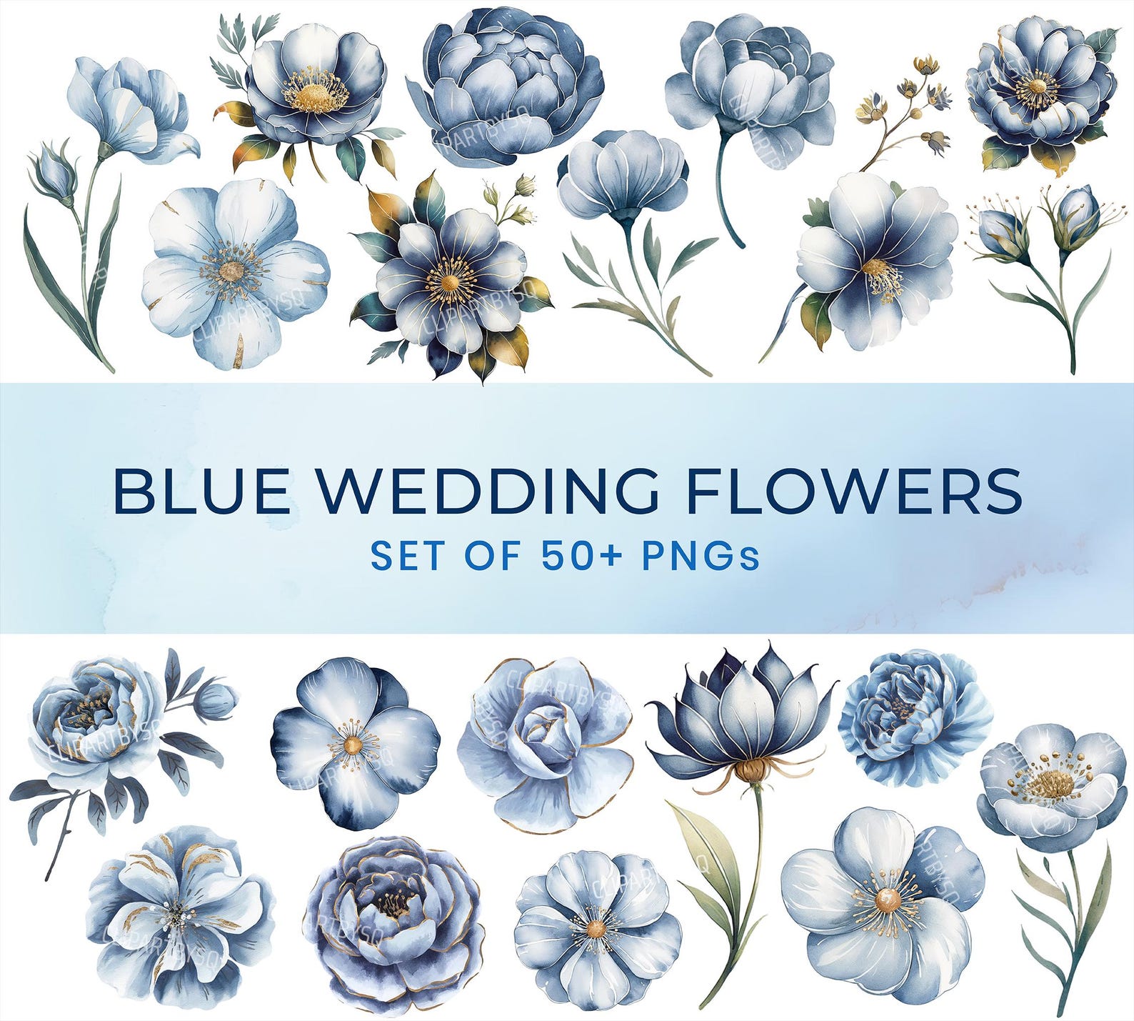 Blue Wedding Flowers Bundle - 50 Clip Arts, Wedding Floral Elements ...