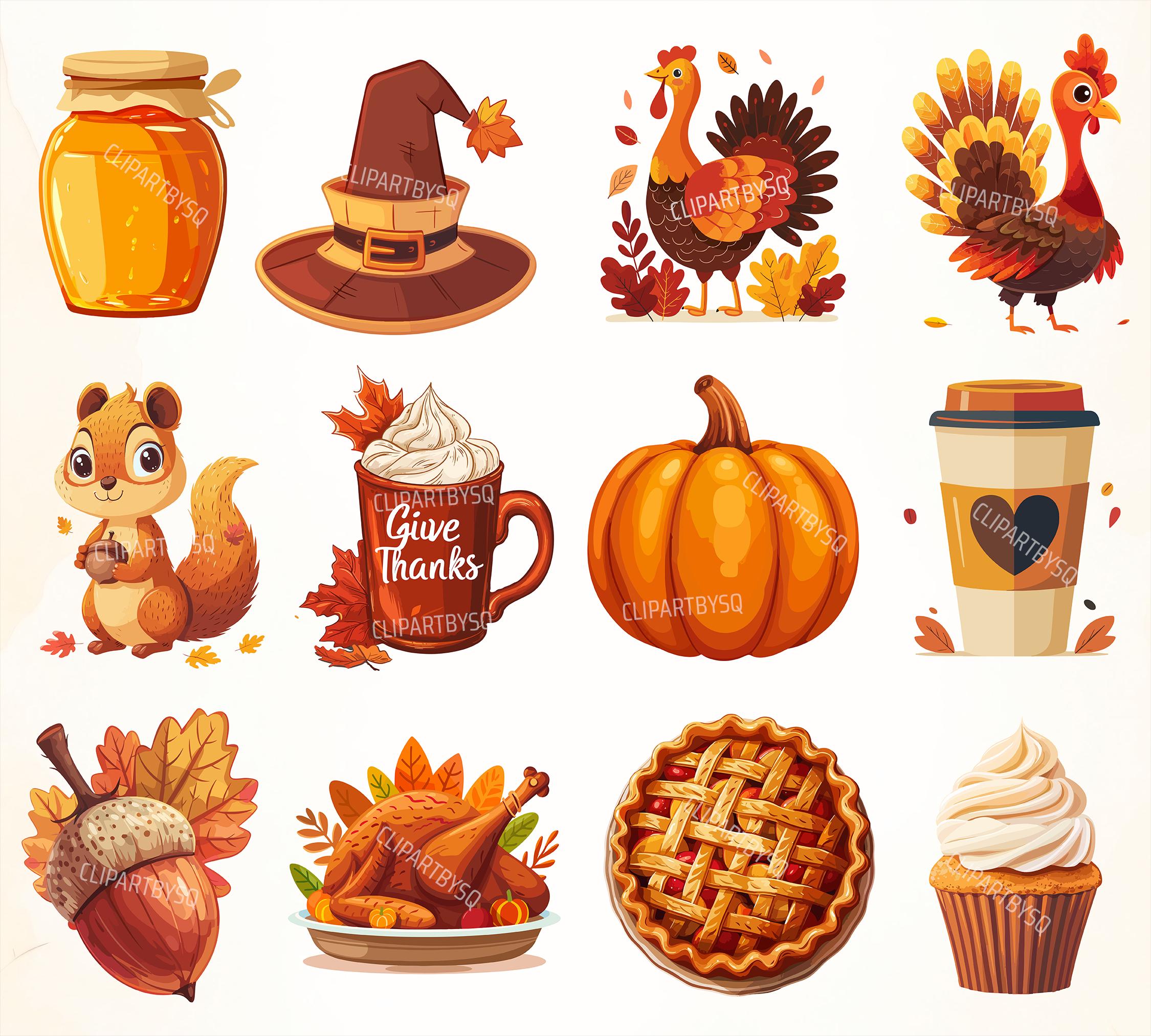 Thanksgiving Clipart PNG Bundle, Cute Fall Turkey SVG, Grateful ...