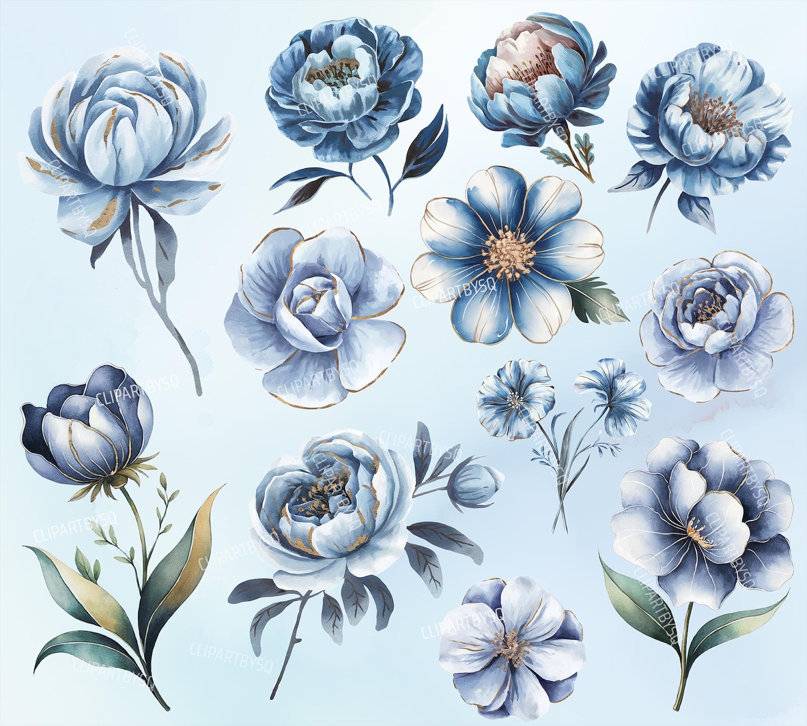 Blue Wedding Flowers Bundle - 50 Clip Arts, Wedding Floral Elements ...