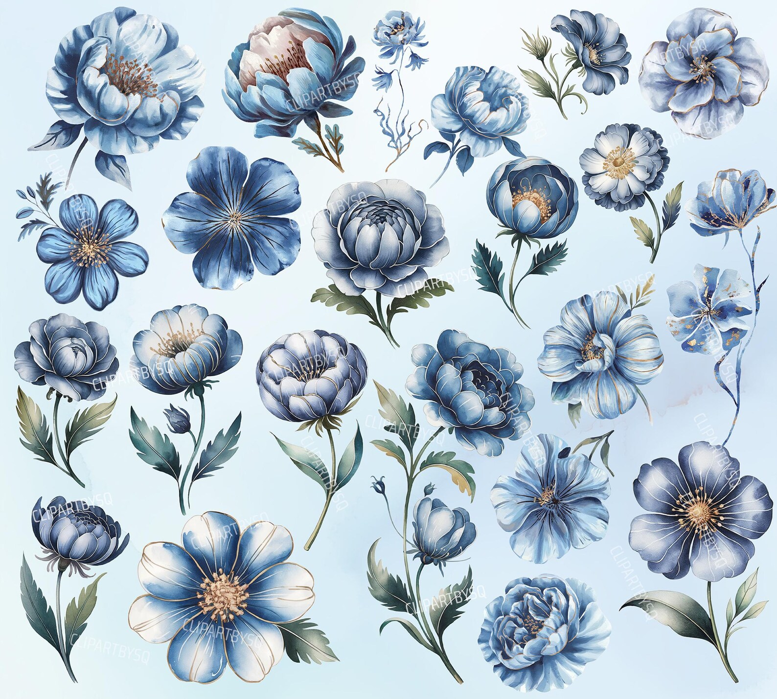 Blue Wedding Flowers Bundle - 50 Clip Arts, Wedding Floral Elements ...