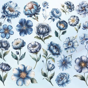 Blue Wedding Flowers Bundle - 50 Clip Arts, Wedding Floral Elements ...
