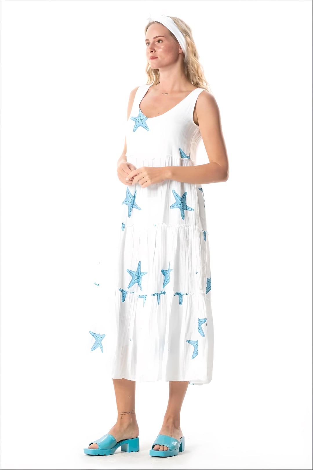 White Cotton Maxi Dress, Blue Starfish Print, Coastal Beachwear - Etsy