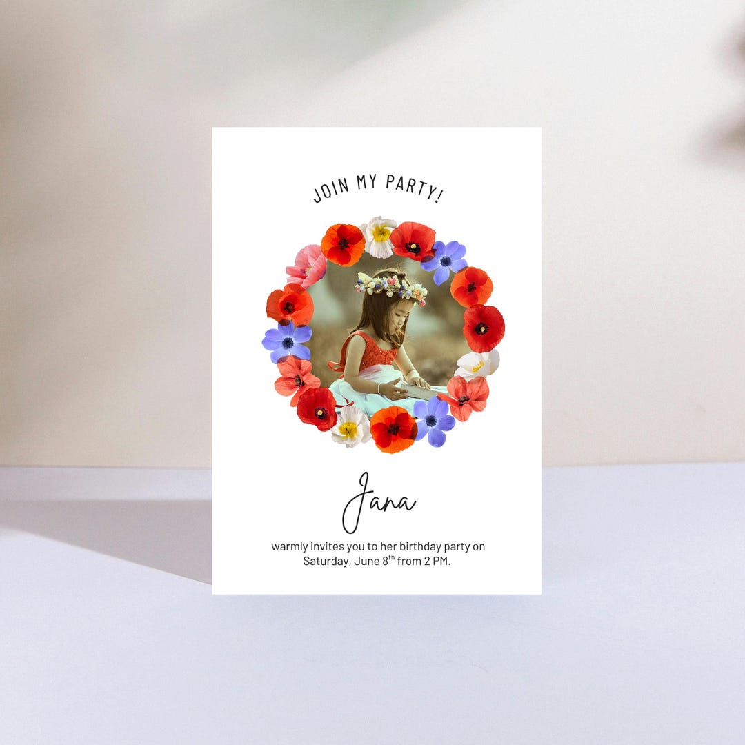 Poppy Wreath Birthday Invitation With Photo: Editable Canva Template ...
