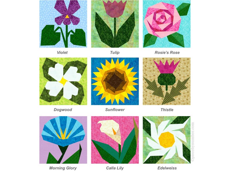 9 Flowers Value Pack, Paper Pieced Block Quilt Patterns W/bonus Block ...