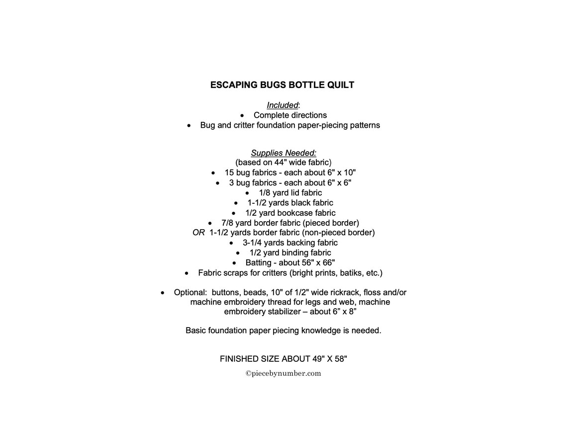 Escaping Bugs Bottle Quilt Pattern for Paper Piecing PDF, 49 X 58 ...