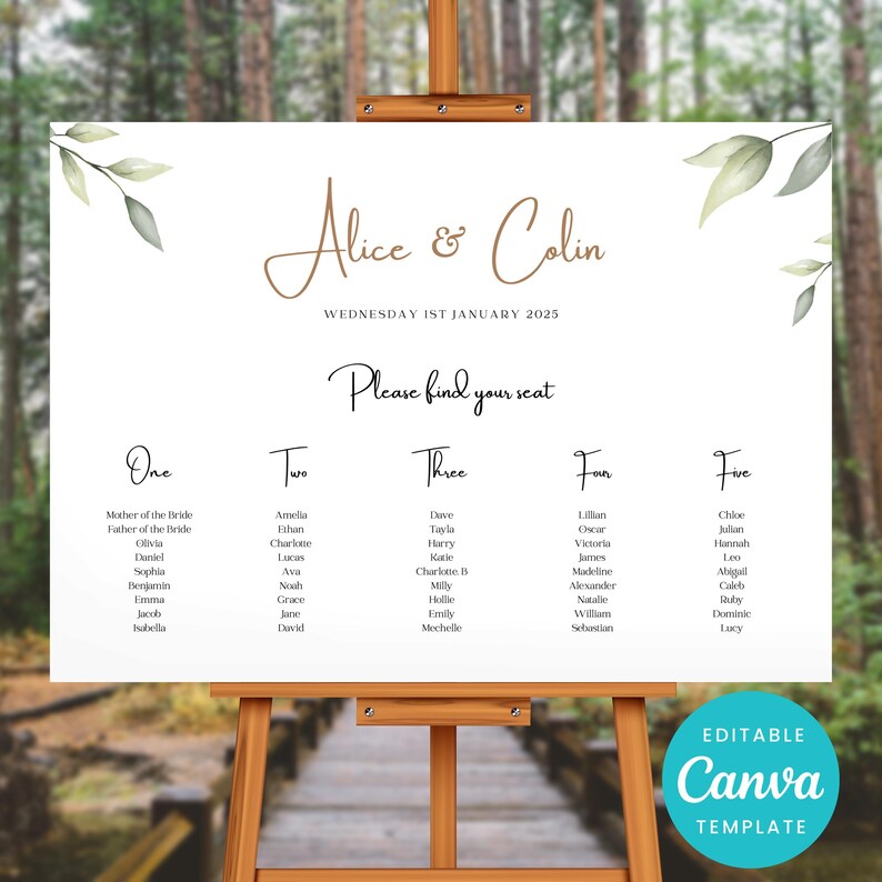 Greenery Wedding Seating Chart Template: Elegant Botanical Design ...