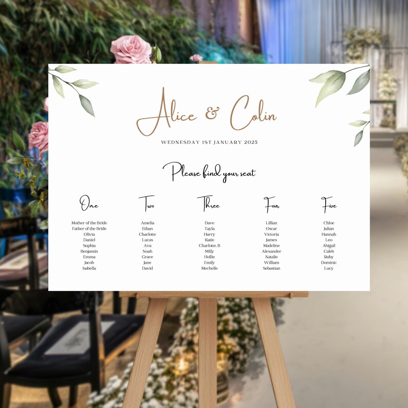 Greenery Wedding Seating Chart Template: Elegant Botanical Design ...