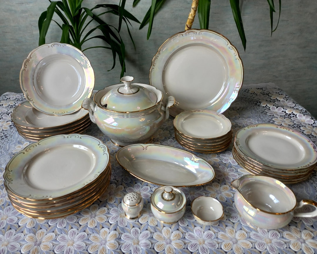 Antique Soviet Porcelain Dinner Set, Mother-of-pearl Covered With Gold ...