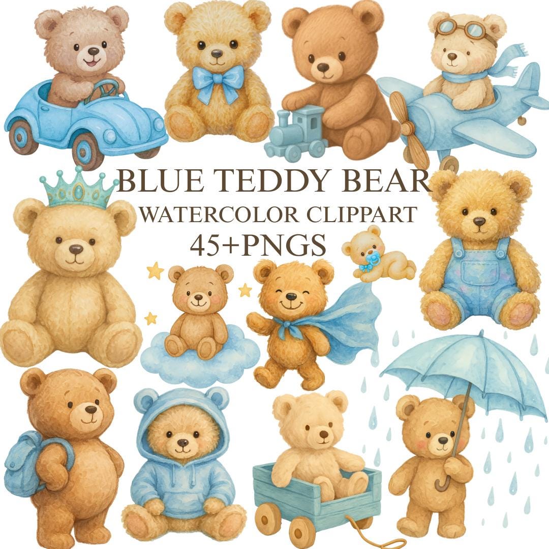 Blue Teddy Bear Clipart, Watercolor Baby Bears PNG Set, Nursery ...
