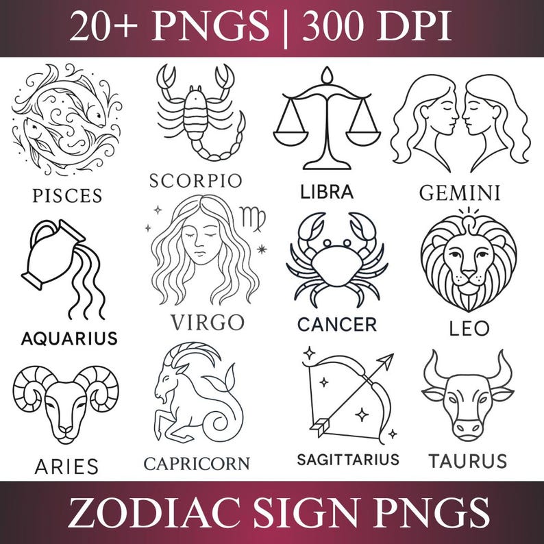 Zodiac Signs PNG Set, Astrology Line Art Clipart, Horoscope Symbols ...
