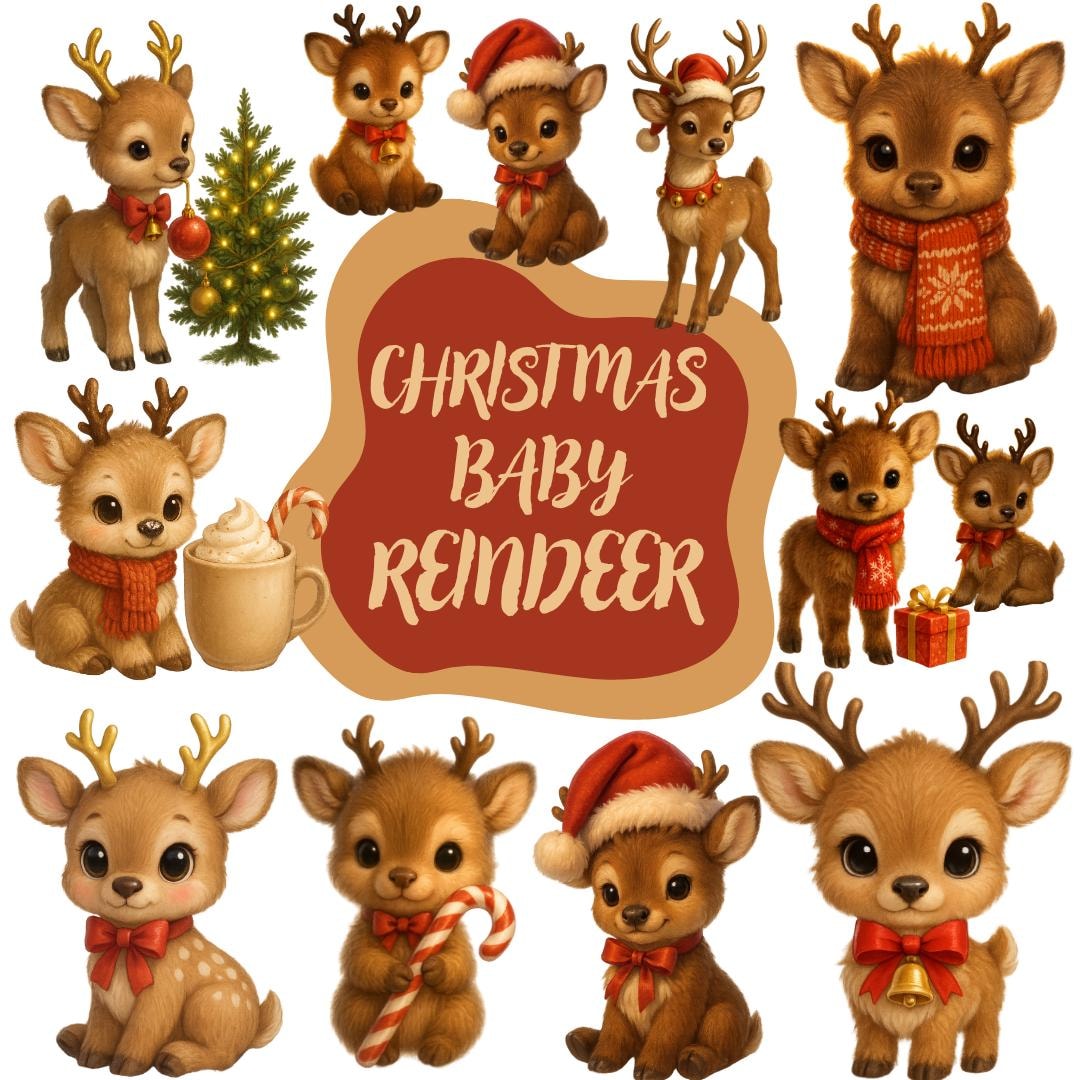 Festive Baby Reindeer Clipart Set: Christmas PNG Graphics (digital ...