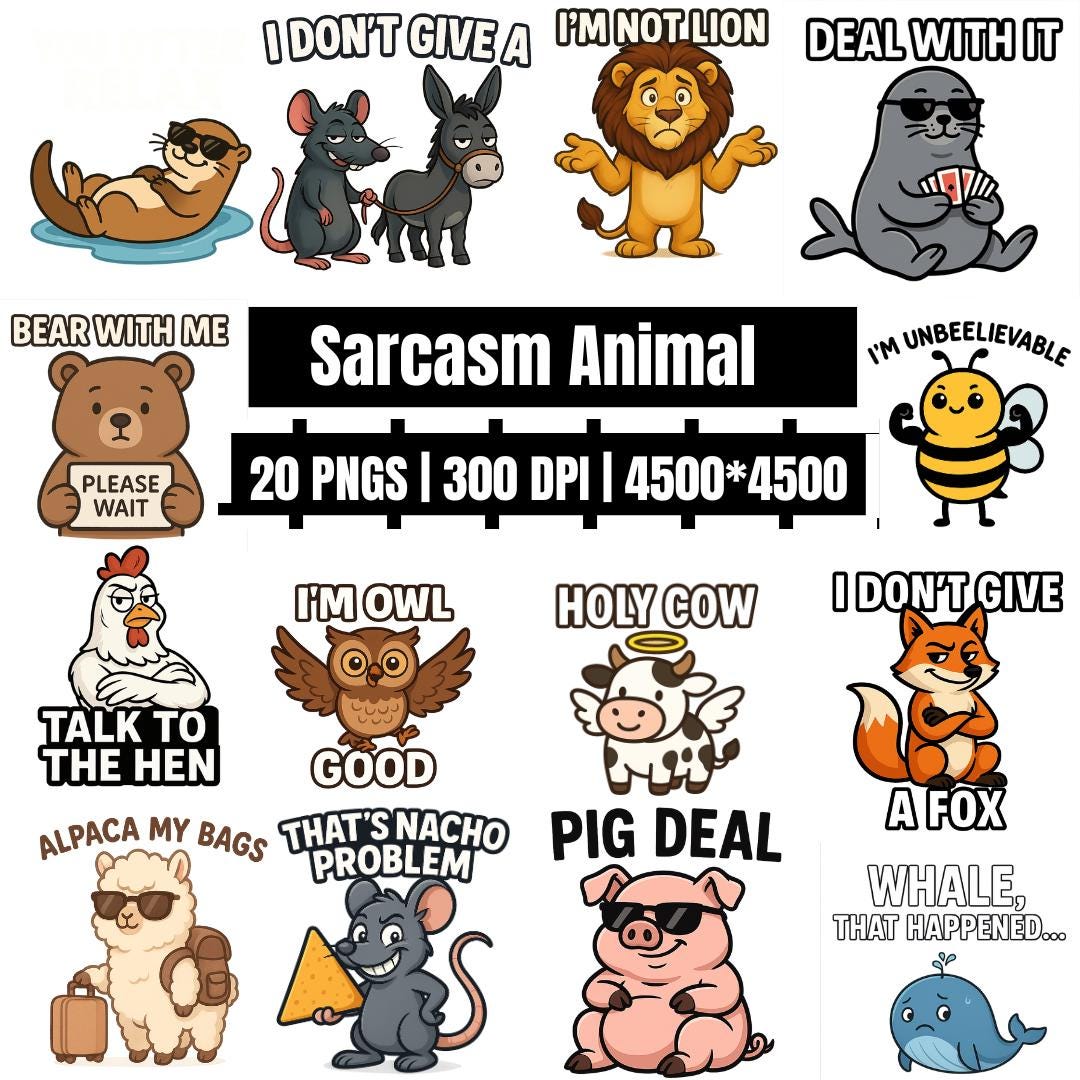 Sarcasm Animal PNG Bundle, Funny Clipart Set, Cute Humorous Creatures ...