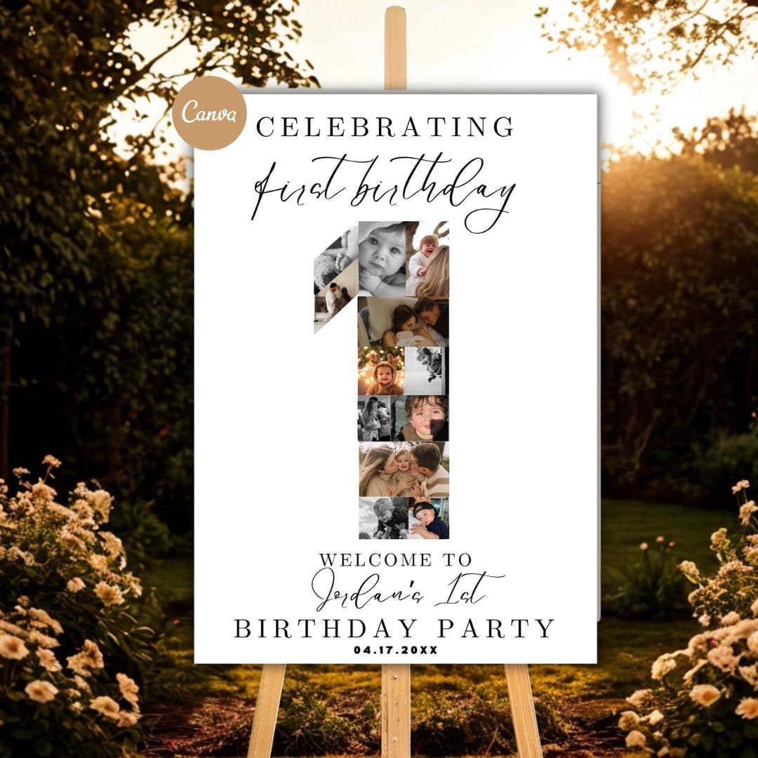 Number 1 Birthday Collage Canva Template, First Birthday Photo Collage ...
