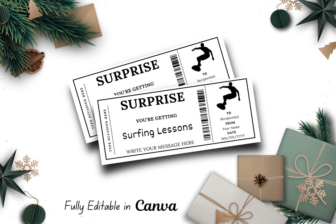 Surfing Lessons Ticket Template: Printable Surprise Gift (canva) - Etsy