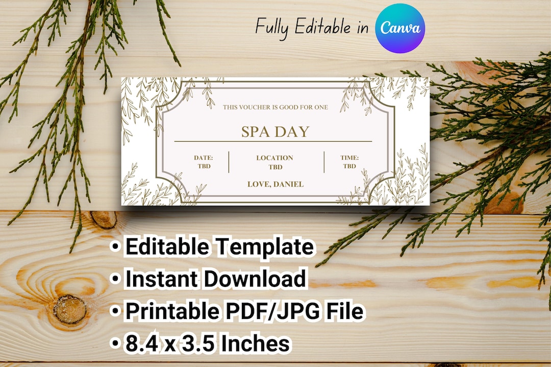 Canva EDITABLE Spa Day Voucher Text - Printable, Spa Voucher, Spa Day ...