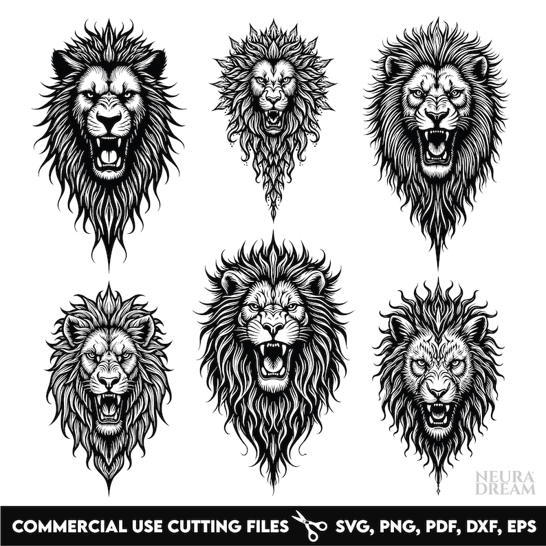 6 Lion Head SVG Bundle - Roaring - Wild Animal Vector Art - Lion ...
