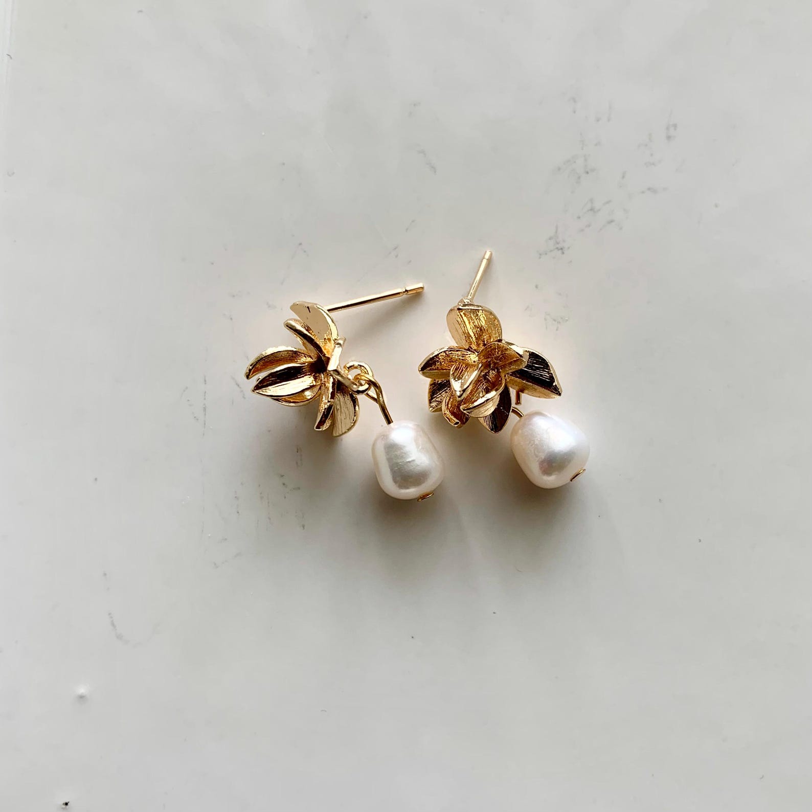 Gold Magnolia Flower With Freshwater Pearl Dangle Earrings - Etsy