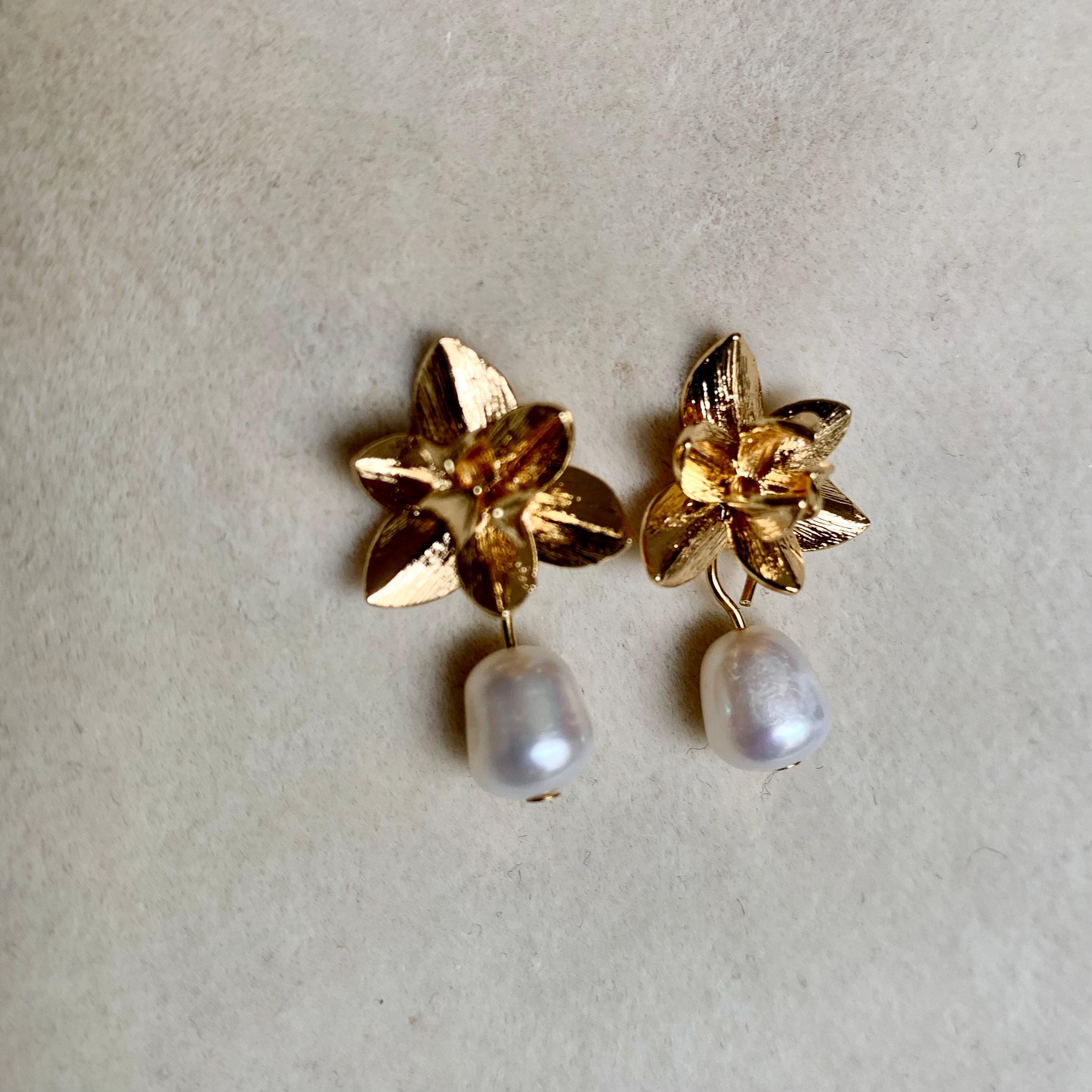 Gold Magnolia Flower With Freshwater Pearl Dangle Earrings - Etsy