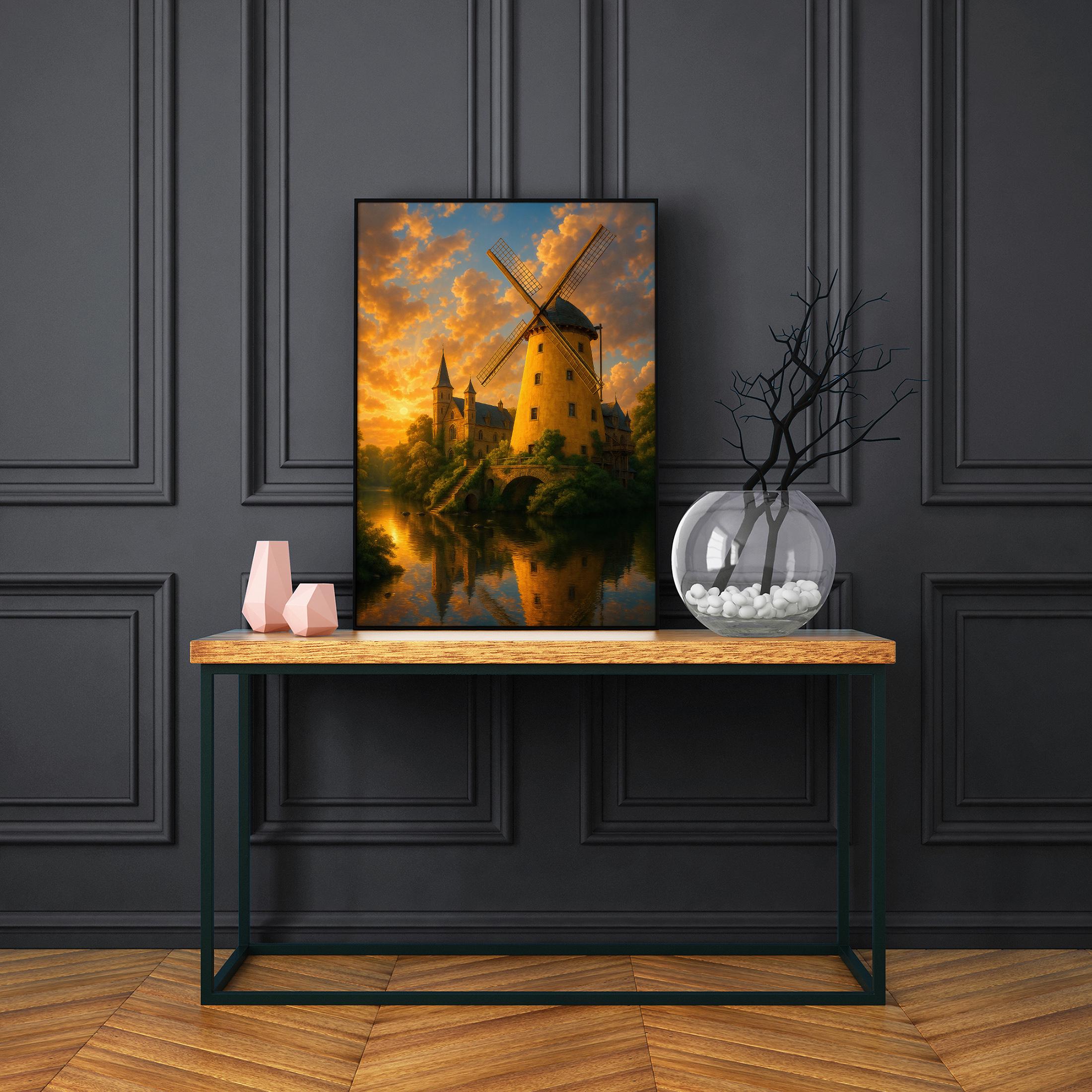 Sunset Windmill and Castle Art Print – Romantic European Tower Mill ...
