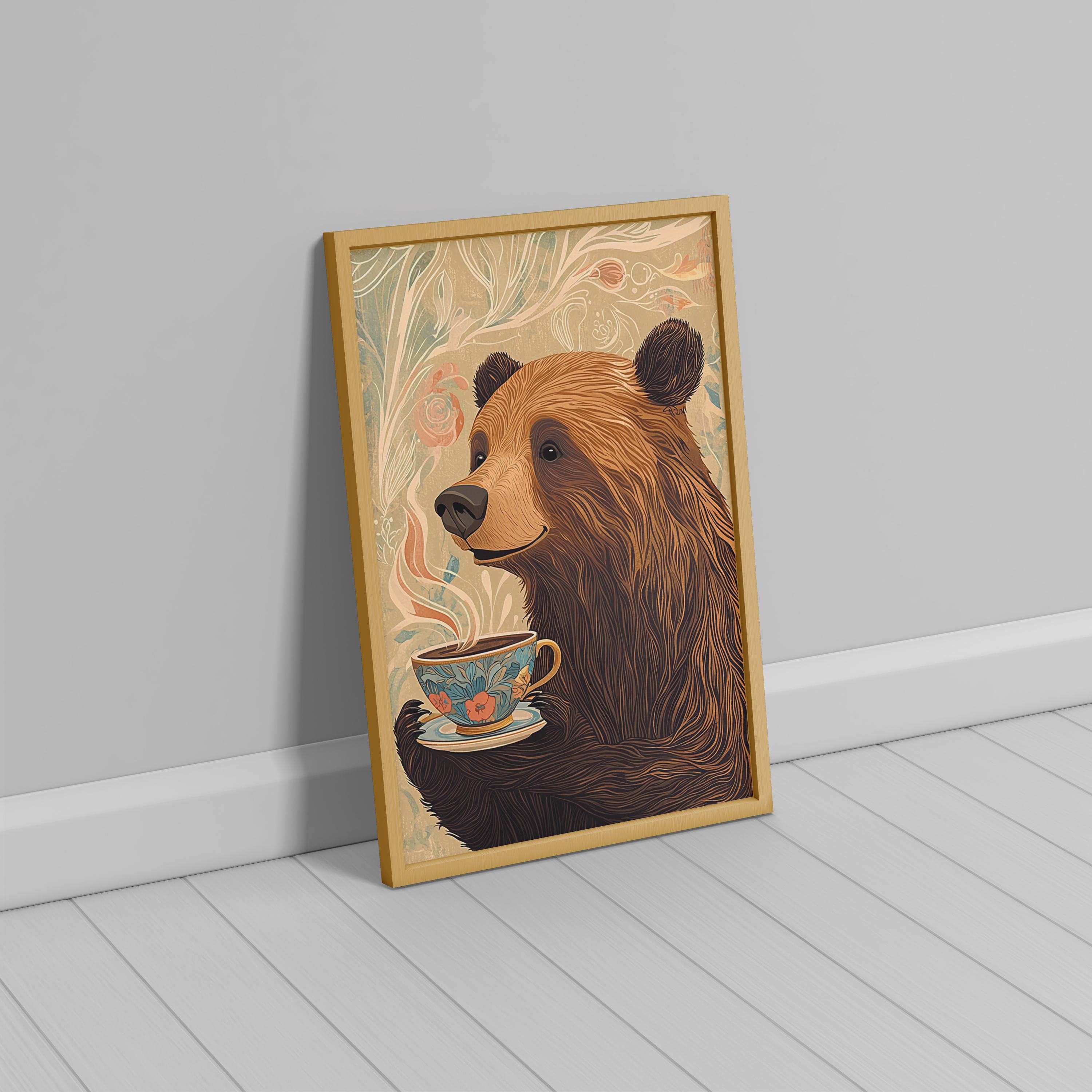 Rustic Brown Bear Art Print: Floral Teacup, Vintage Cozy Decor - Etsy