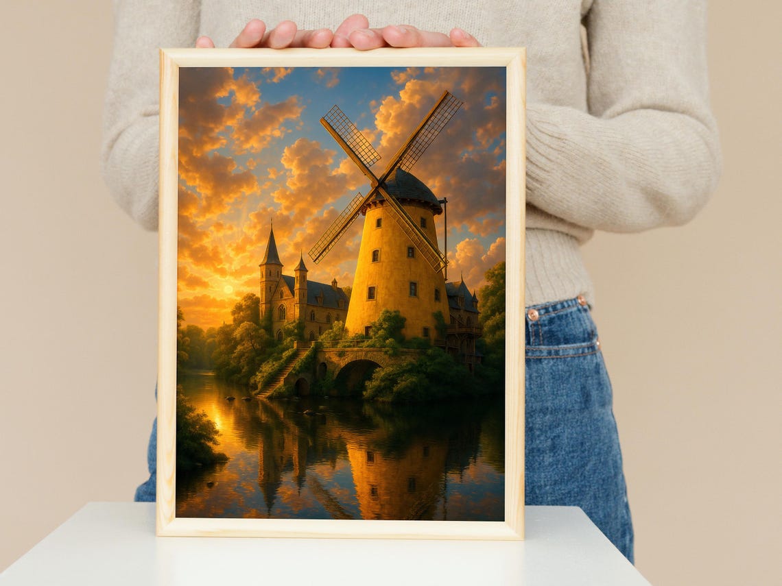 Sunset Windmill and Castle Art Print – Romantic European Tower Mill ...