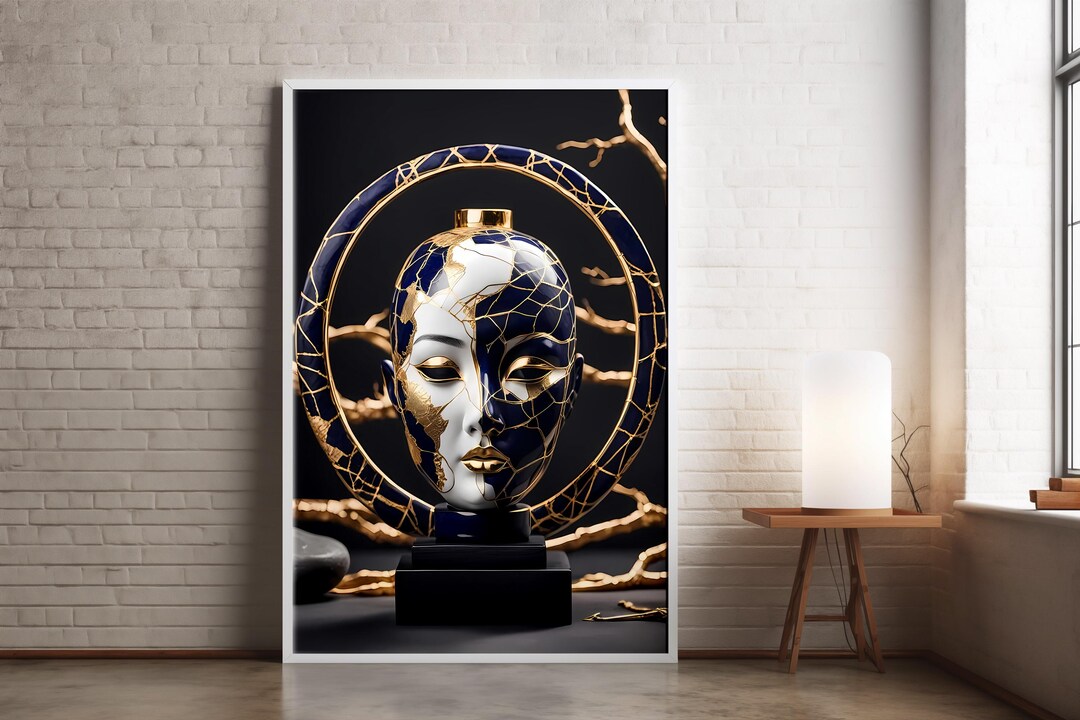 Kintsugi Art Print Female Mask With Golden Cracks, Wabi-sabi Aesthetic ...