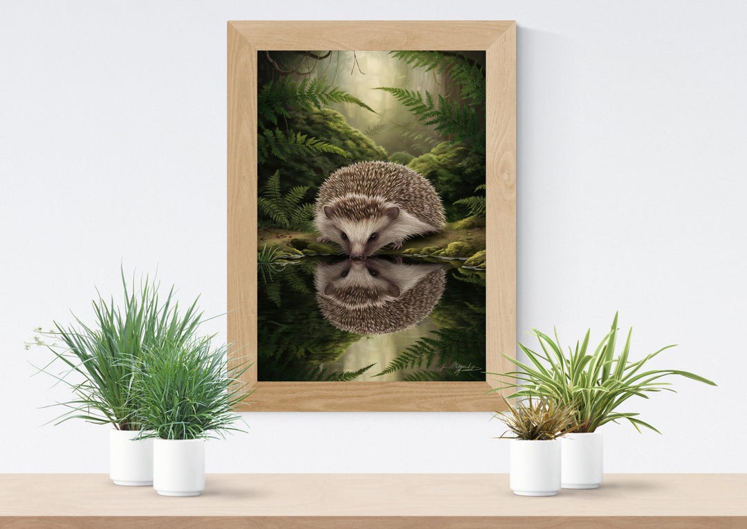 Hedgehog by Forest Pond Art Print – Serene Woodland Scene With Lush ...