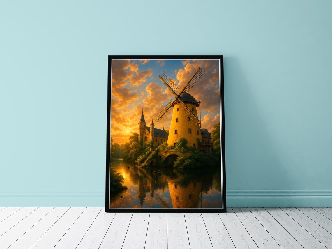 Sunset Windmill and Castle Art Print – Romantic European Tower Mill ...