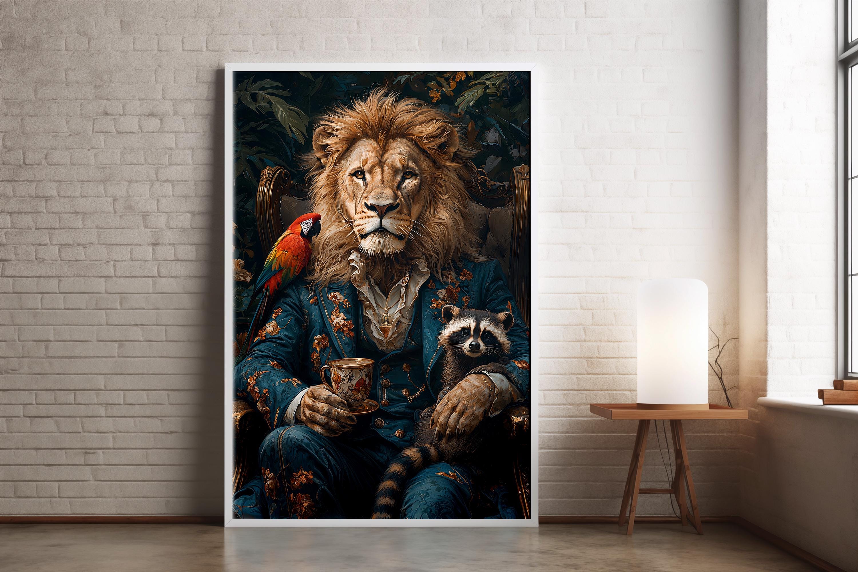 Regal Lion Tea Party Art Print: Macaw & Raccoon Friends - Etsy