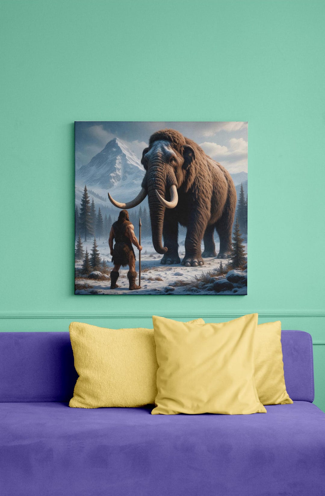 Woolly Mammoth and Prehistoric Man in Snowy Wilderness Ice Age Wall Art ...
