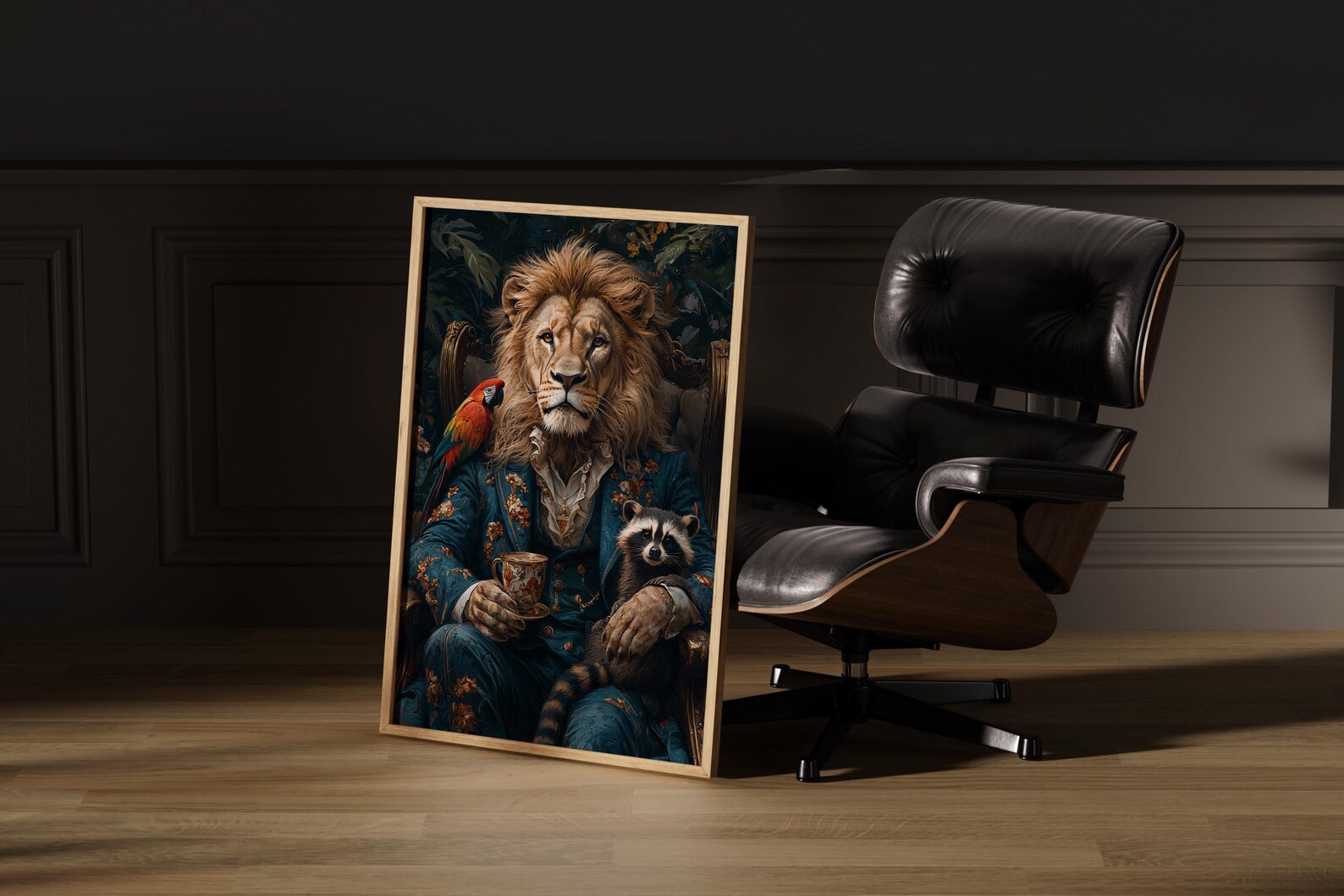 Regal Lion Tea Party Art Print: Macaw & Raccoon Friends - Etsy
