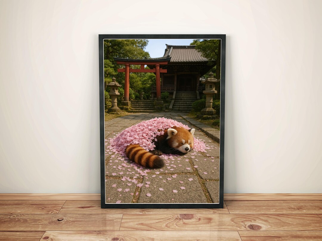 Sleeping Red Panda Under Sakura Petals in Japanese Temple Courtyard ...